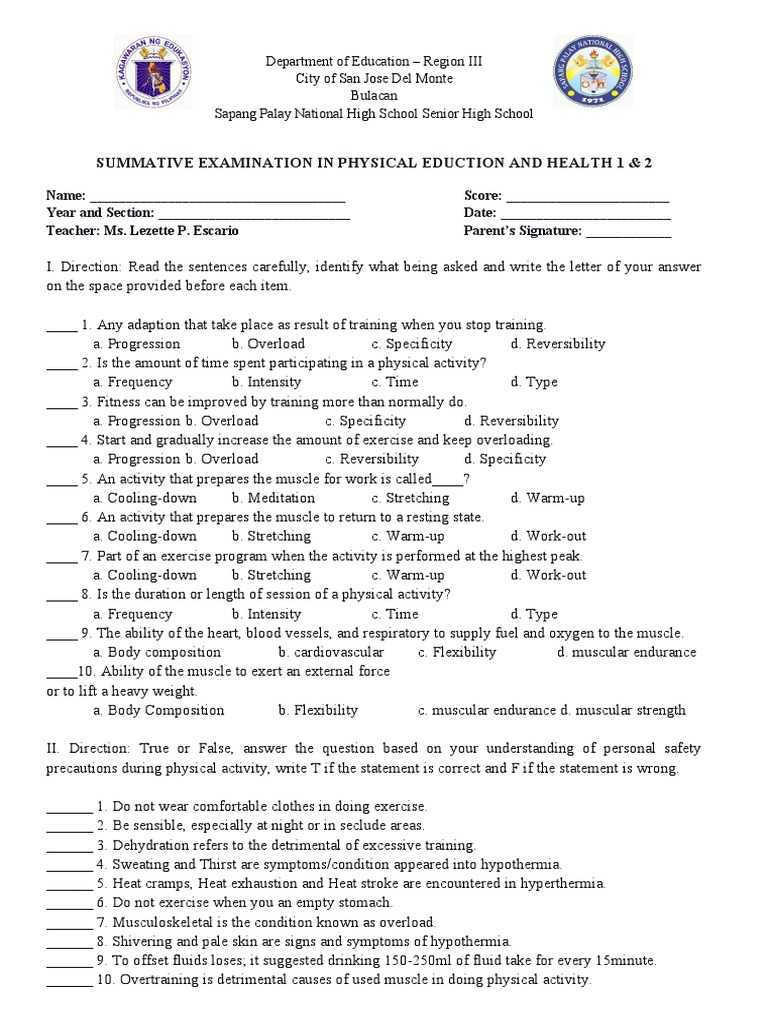 Physical Education Summative Exam | PDF | Physical Fitness | Physical ...