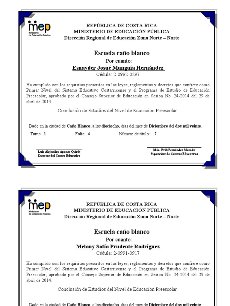 Formato Titulo Preescolar - 2020 | PDF | Costa Rica