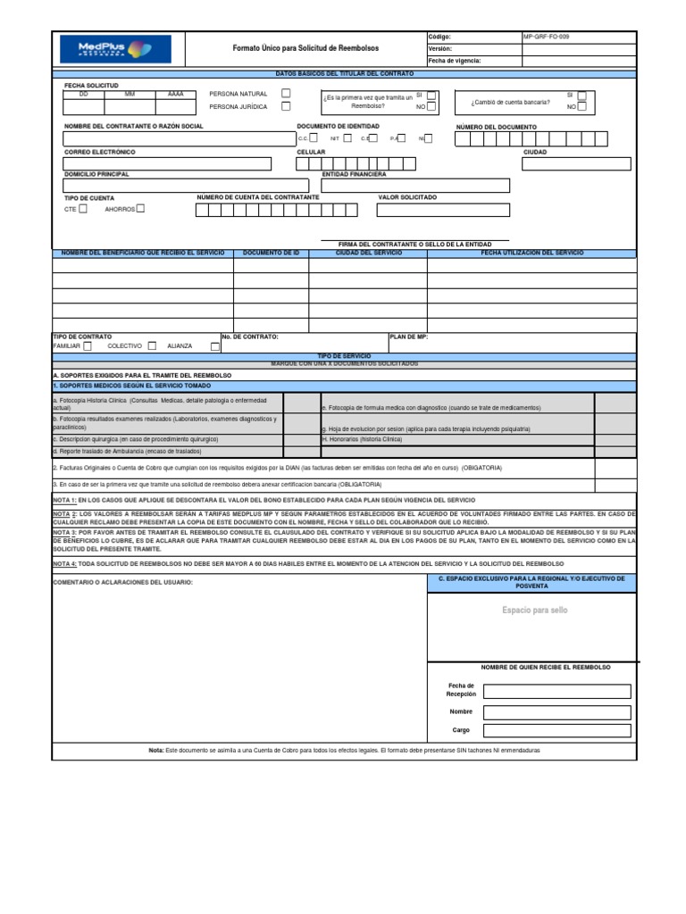 Formato Unico para Solicitud de Reembolsos | PDF | Medicina | Cuidado de la salud