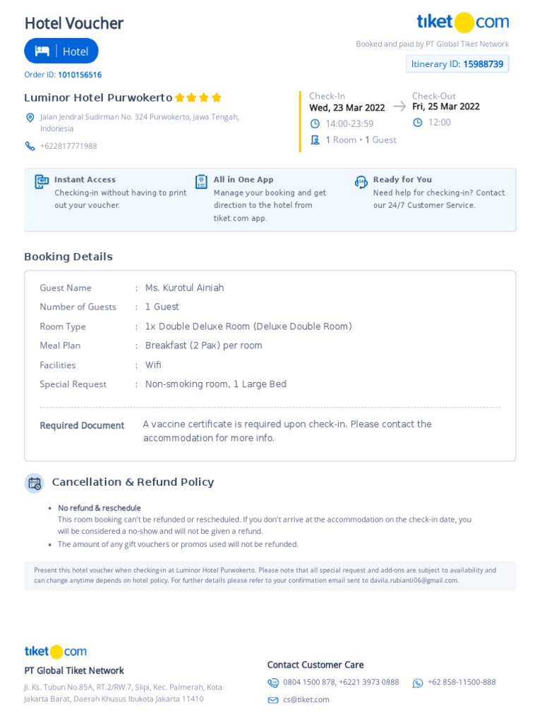 Hotel E-Voucher - Order ID 1010156516 | PDF | Hospitality Industry | Hotel