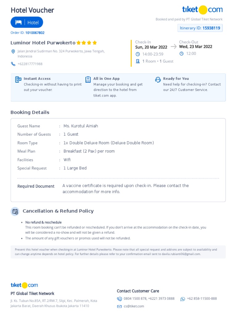 Hotel E-Voucher - Order ID 1010067802 | PDF | Hospitality Industry | Hotel