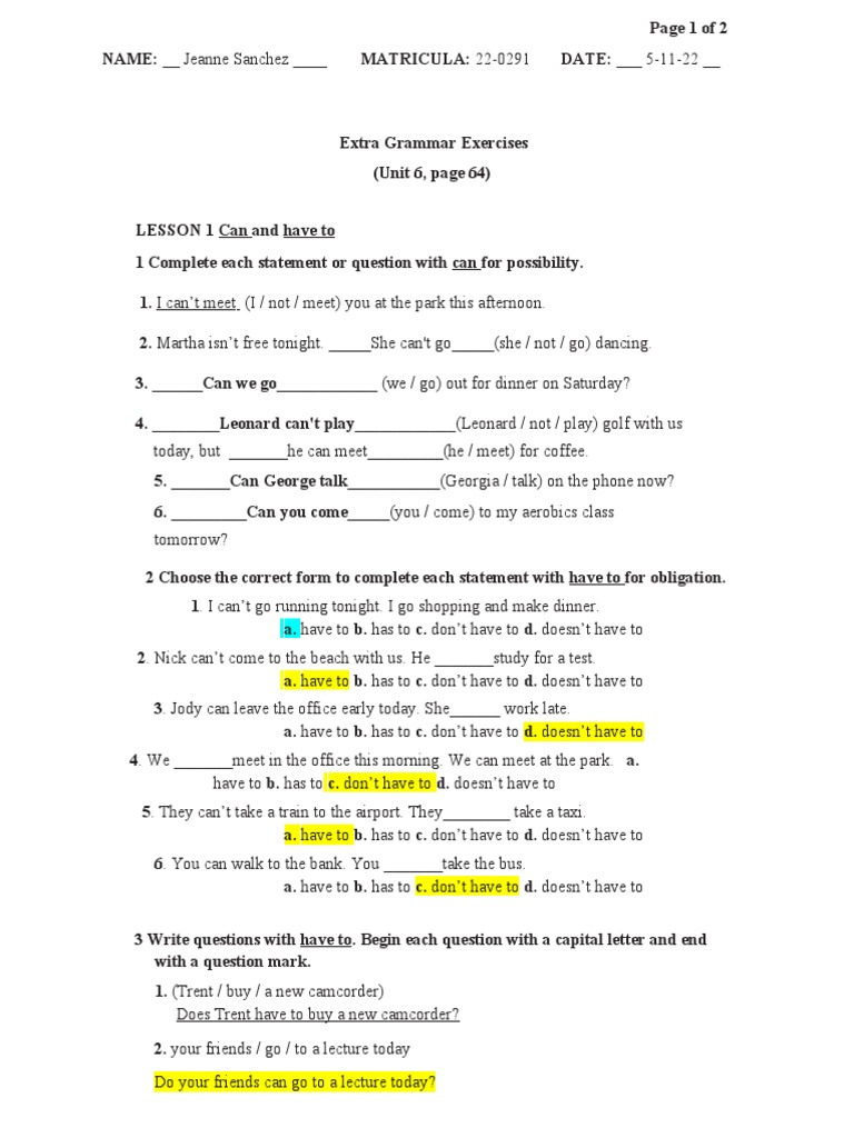 Jeanne Sanchez 22-0291, UNIT - 06 - Extra - Gram - Exercise | PDF