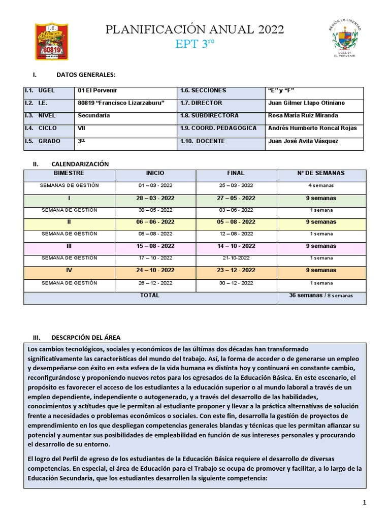 Planificación Anual EPT 2022 Secundaria | PDF | Aprendizaje ...