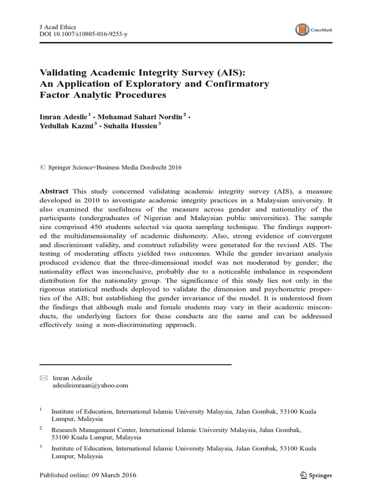 Validation Academic Integrity Survey | PDF | Factor Analysis | Statistics