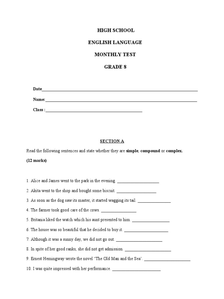Grade 8 English Monthly Test Paper | PDF | Language Arts & Discipline ...
