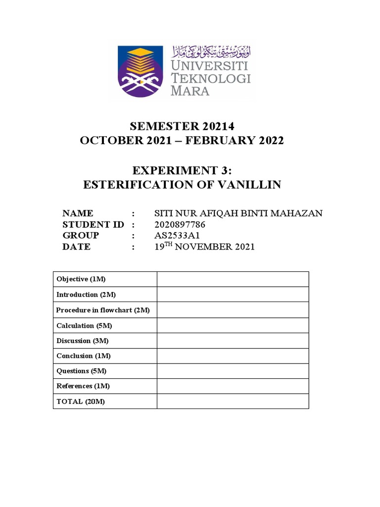 Lab Report Experiment 3 - Esterification Reactions of Vanillin | PDF | Ester | Mole (Unit)
