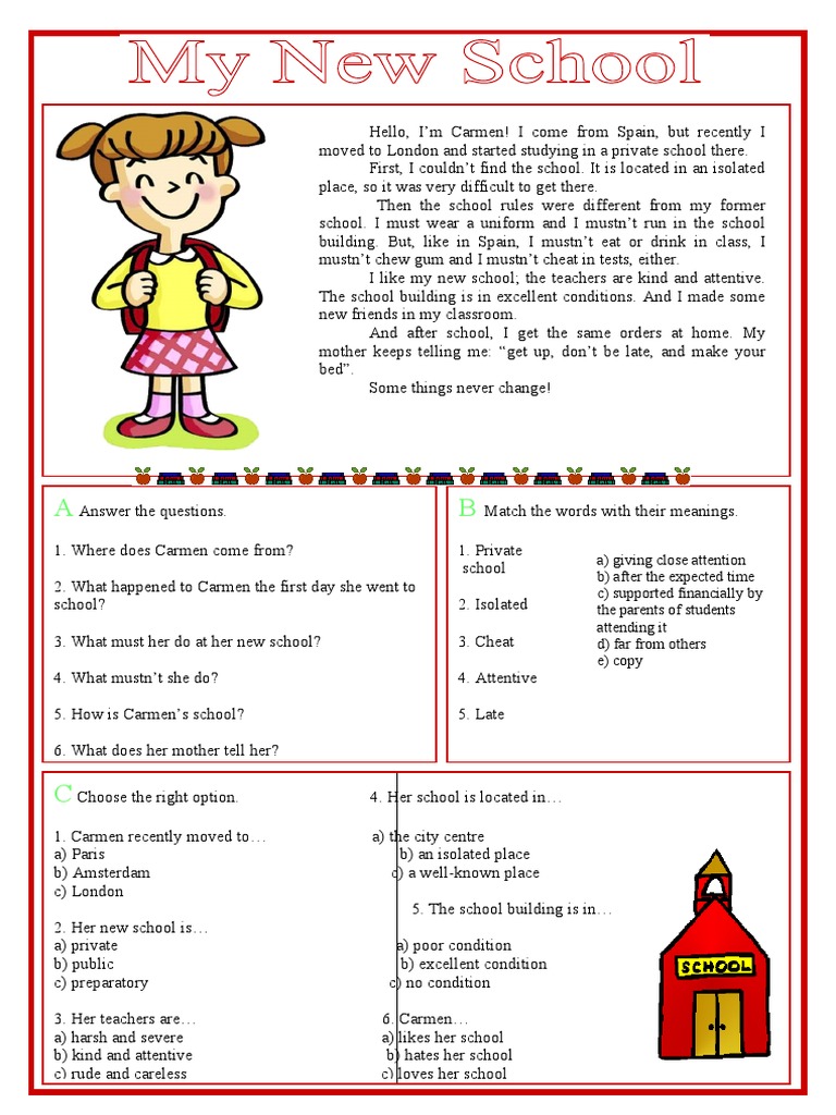 My New School Reading Comprehension - 67345 | PDF