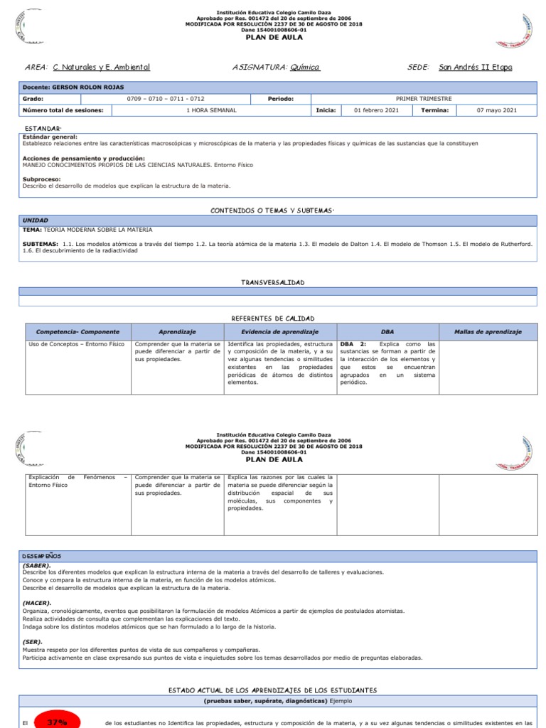 Modelo - Plan de Aula C.N Quimica Septimo | PDF