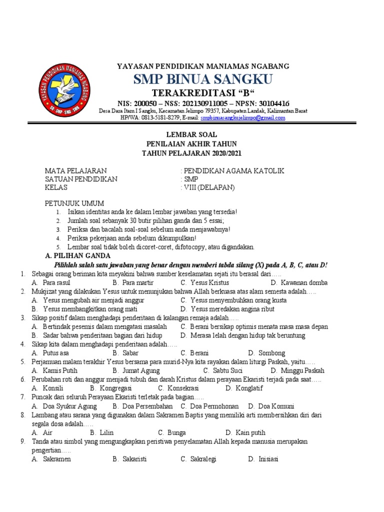 Soal Pas Agama Katolik KLS 8 | PDF
