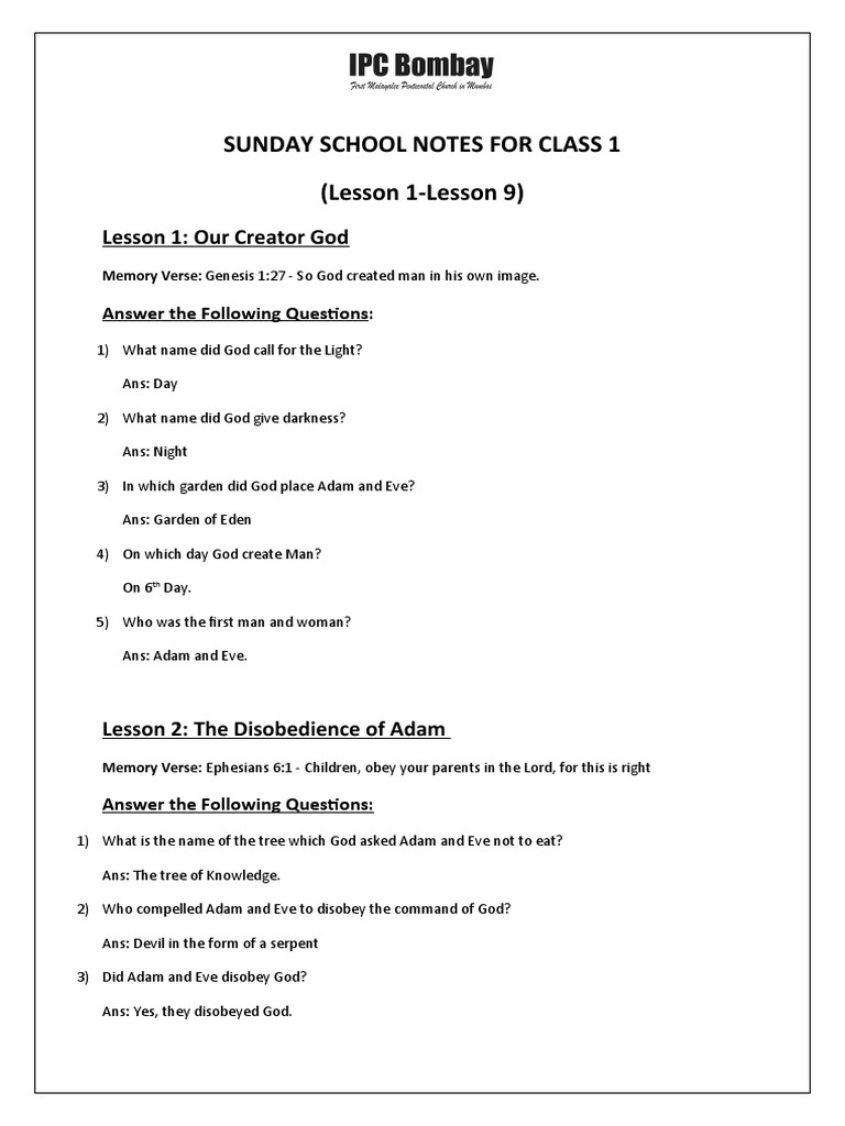 Sunday School Notes Class 1 | Download Free PDF | Adam And Eve | Abraham