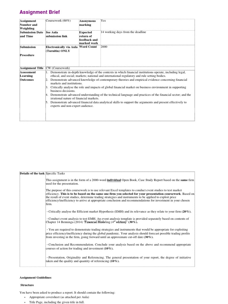 Coursework Assignment Brief Assignment Guidelines and Rubric | PDF | Efficient Market Hypothesis ...