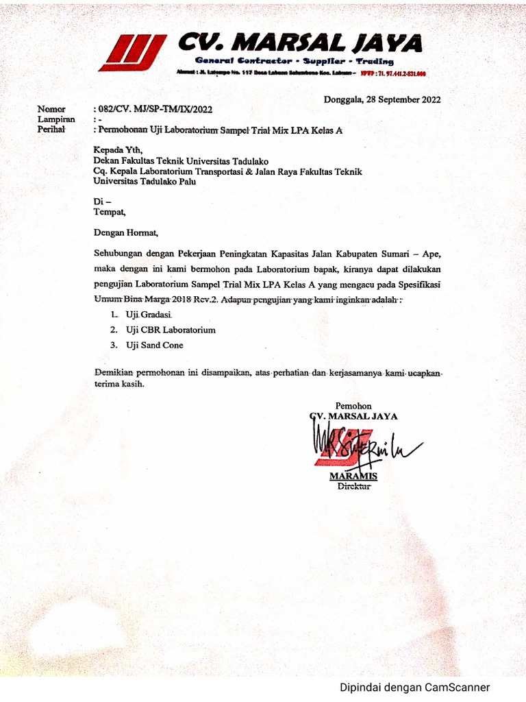 Contoh Surat Permohonan Uji Sampel Trial Mix LPA | PDF