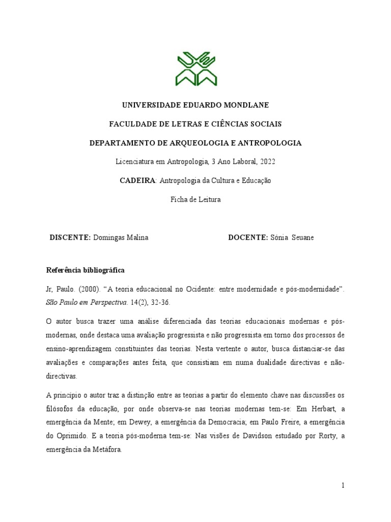 ACE-Ficha de Leitura 5 (Domingas Malina) | PDF | John Dewey | Antropologia