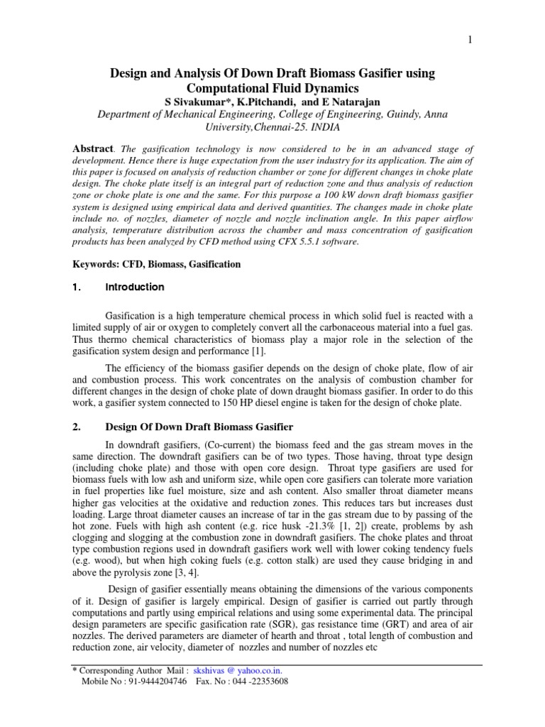 Downdraft Biomass Gasifier Design Analysis | PDF | Gasification | Nozzle