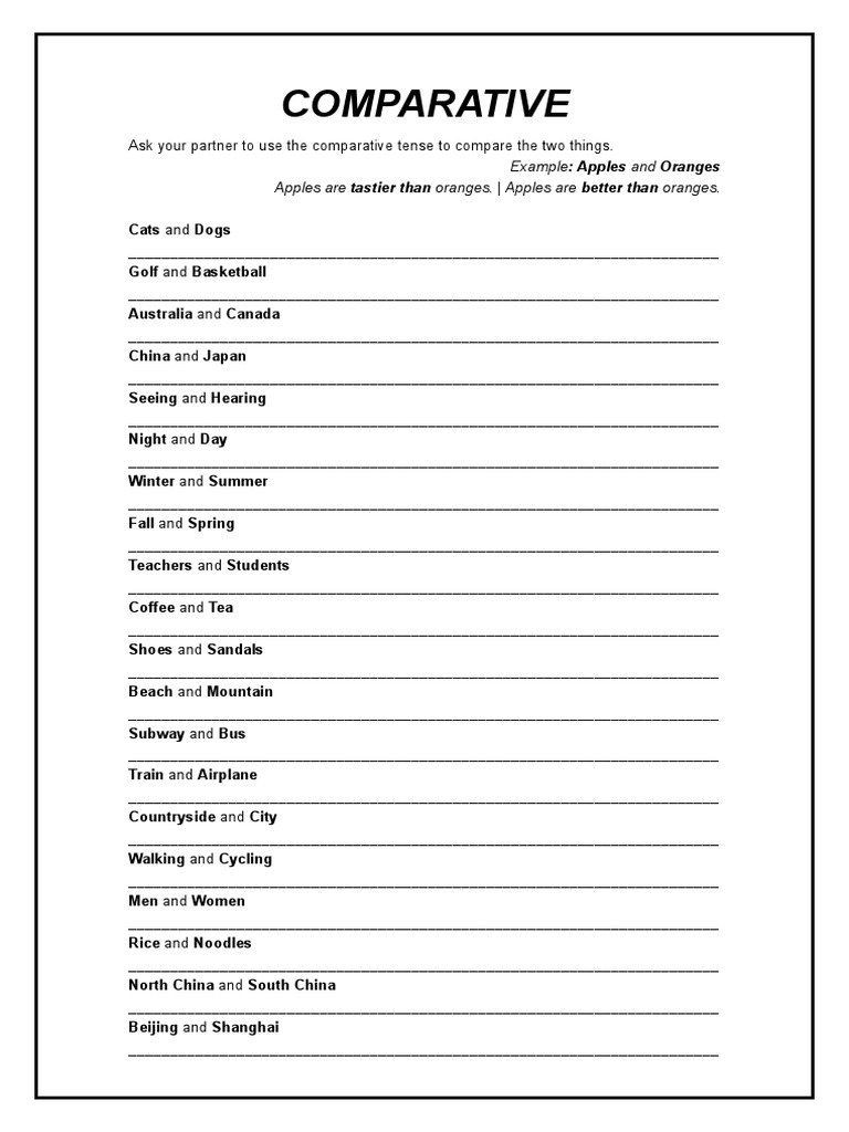 Comparative Comparisons Pairwork Fun Activities Games Grammar Drills ...