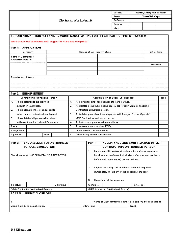 PTW - Electrical Permit | PDF | Safety | Occupational Safety And Health