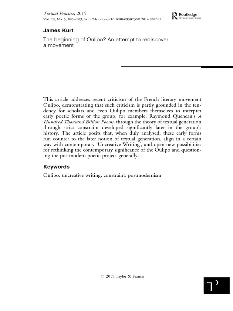 KURT J (2015) The Beginning of Oulipo - An Attempt To Rediscover A ...