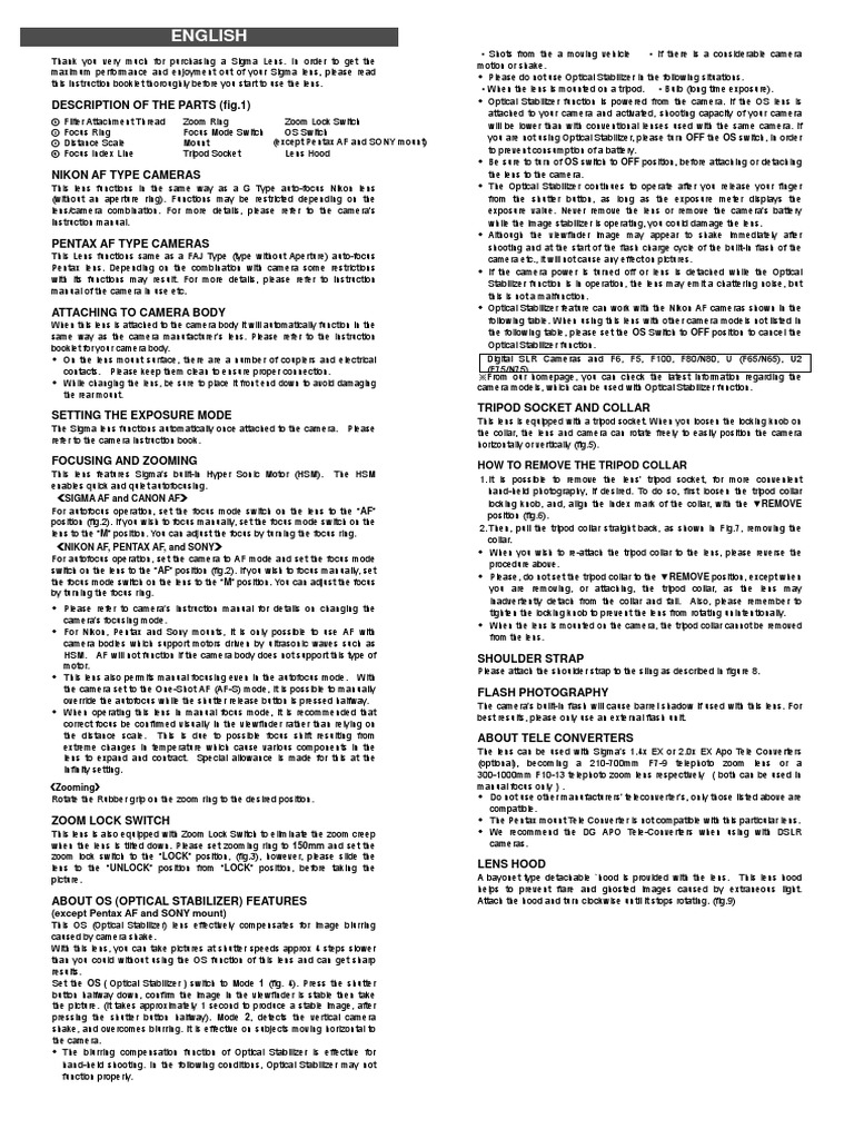 150 500mm f5 6.3 APO DG OS HSM - Manual | PDF | Autofocus | Camera