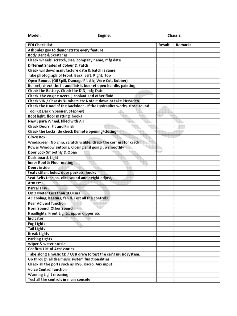 PDI Checklist | PDF | Vehicles | Manual Transmission