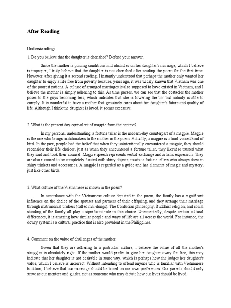 Assignment No. 4. Poem. The Cherished Daughter | PDF | Poetry | Marriage