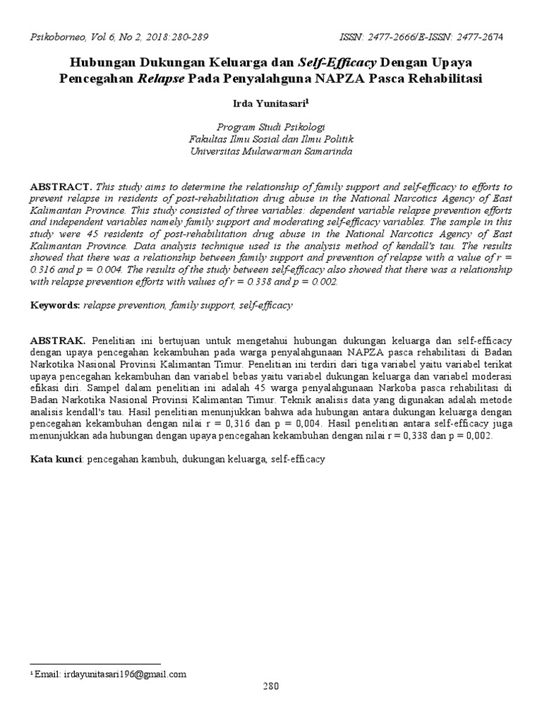 Hubungan Dukungan Keluarga Dan Self-Efficacy Dengan Upaya Pencegahan Relapse | PDF