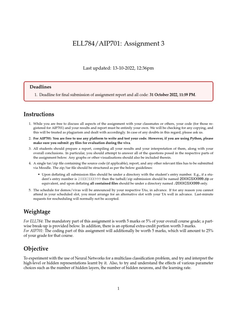 ELL784/AIP701: Assignment 3: Instructions | PDF | Artificial Neural Network | Cognitive Science