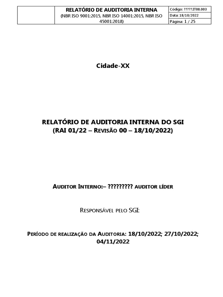 Relatório de Auditoria Interna - Sgi - 18!10!2022 | PDF | ISO 9000 | Auditoria interna