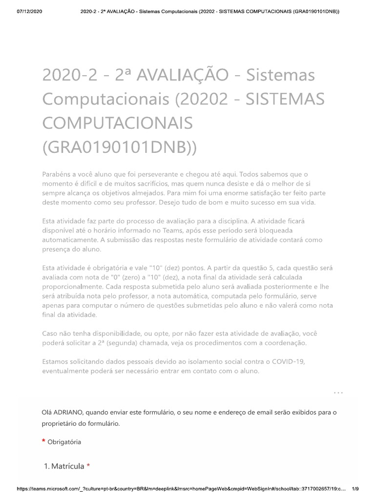 AV2 Sistemas Computacionais 2020-2 (Adriano) | PDF