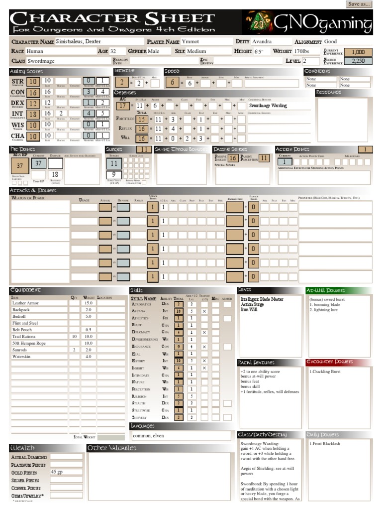 D&D 4th Character Sheet Swordmagelvl2 | PDF | Fantasy Role Playing ...