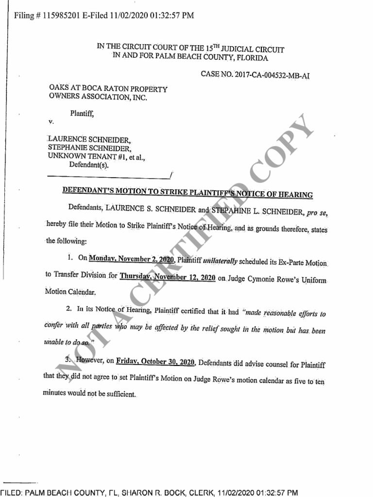 114 Defendant's Motion To Strike Plaintiff'Notice of Hearing 2020-11-02 ...