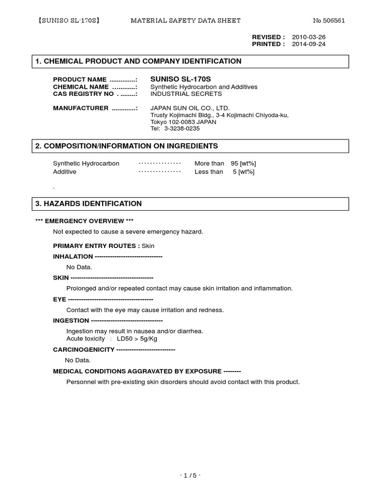 Suniso SL 170S MSDS | PDF | Toxicity | Water