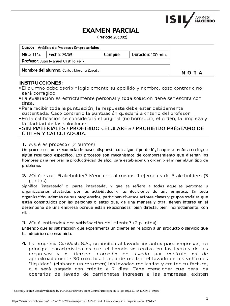 Examen Parcial An Lisis de Procesos Empresariales 1124 | PDF | Prueba (evaluación)