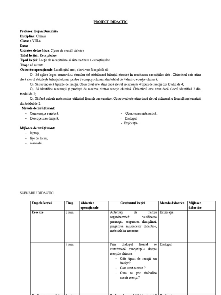 Proiect Didactic Tipuri de Reactii | PDF