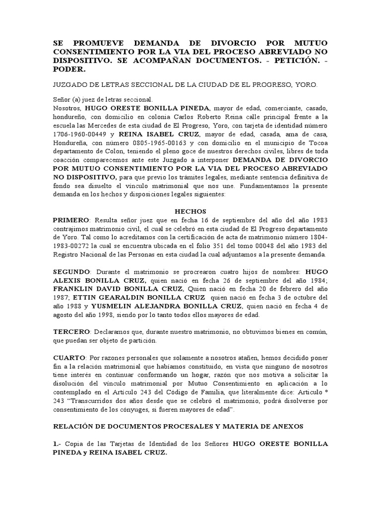Demanda De Divorcio Por Mutuo Consentimiento Hugo Bonilla Y Reina