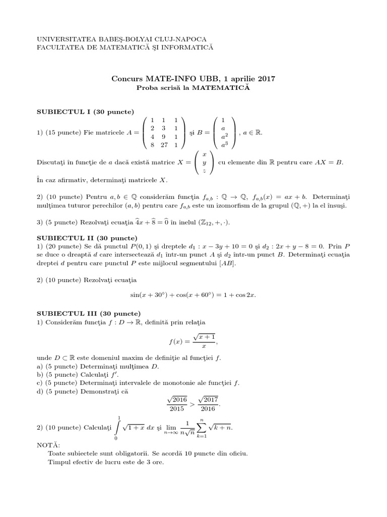 2017 Concurs Subiect Matematica Ubb | PDF