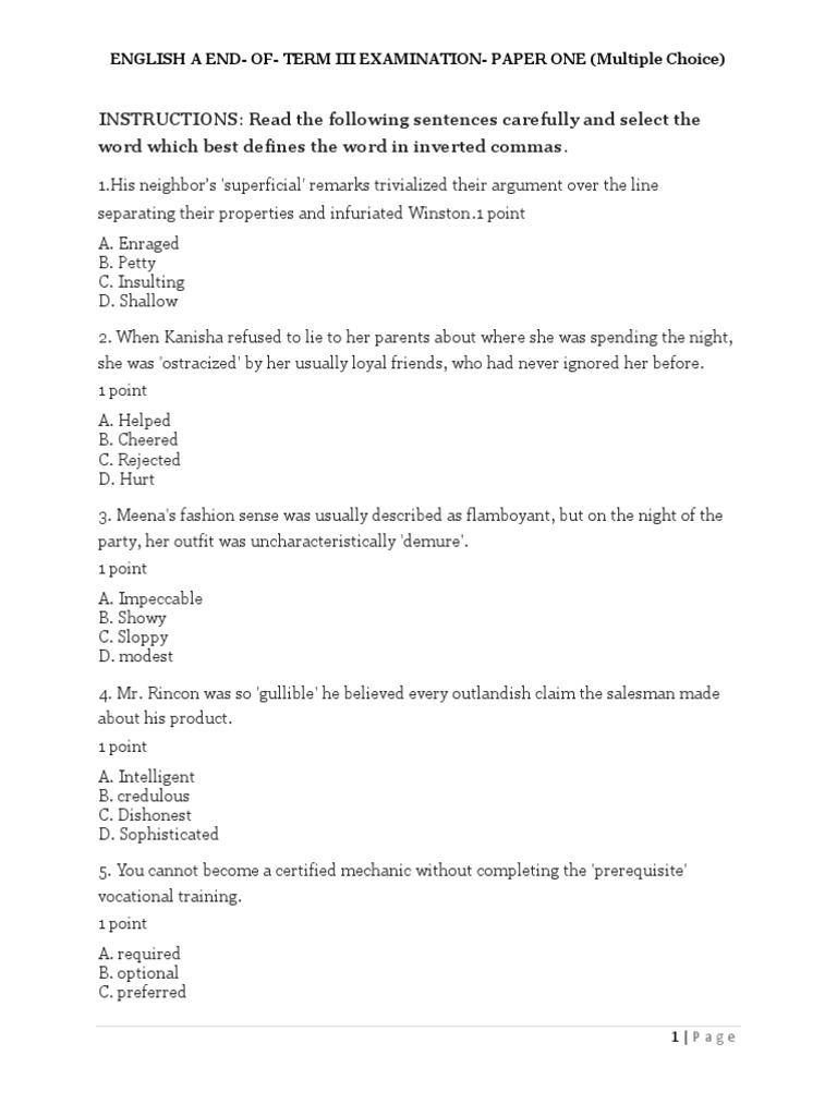 English A End - of - Term III Examination - Paper One (Multiple Choice ...