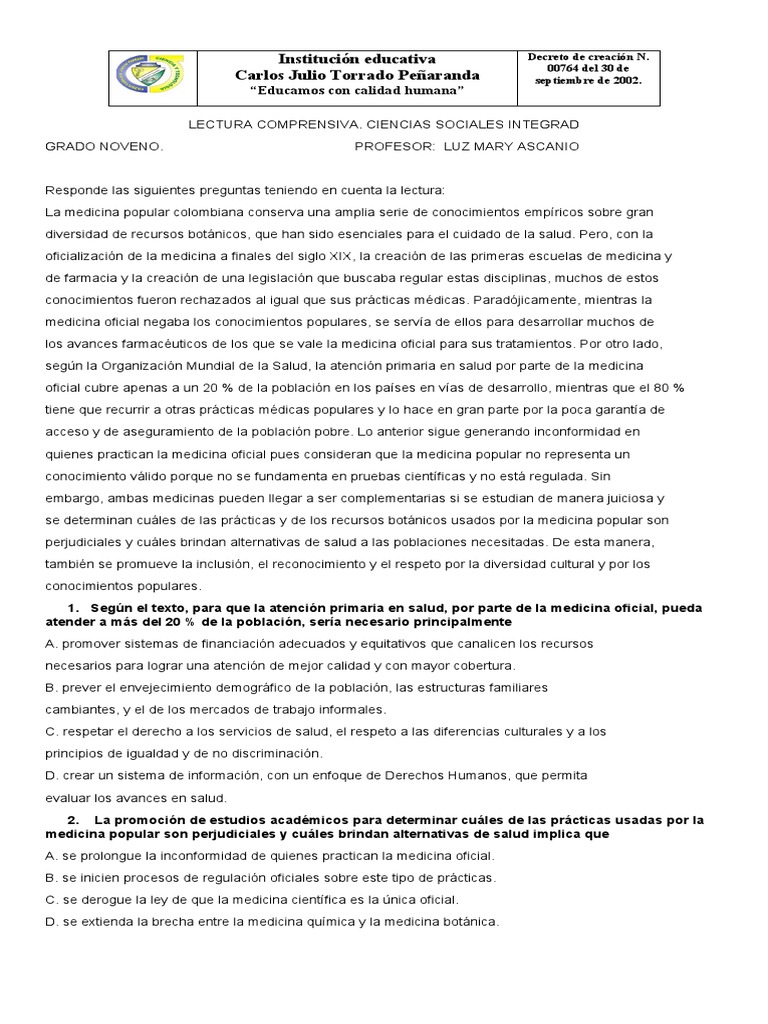 Lecturas y Preguntas Icfes Luz Mary Grado Noveno | PDF | Medicina | Pobreza