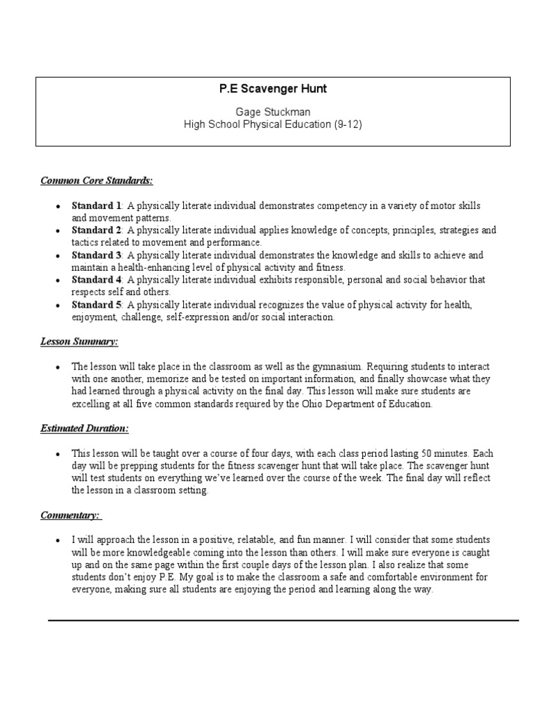 P.E Scavenger Hunt | PDF | Physical Education | Lesson Plan