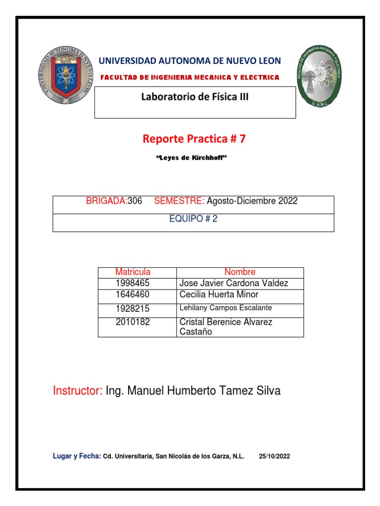 Reporte - Practica #7 - Leyes de Kirchhoff | PDF