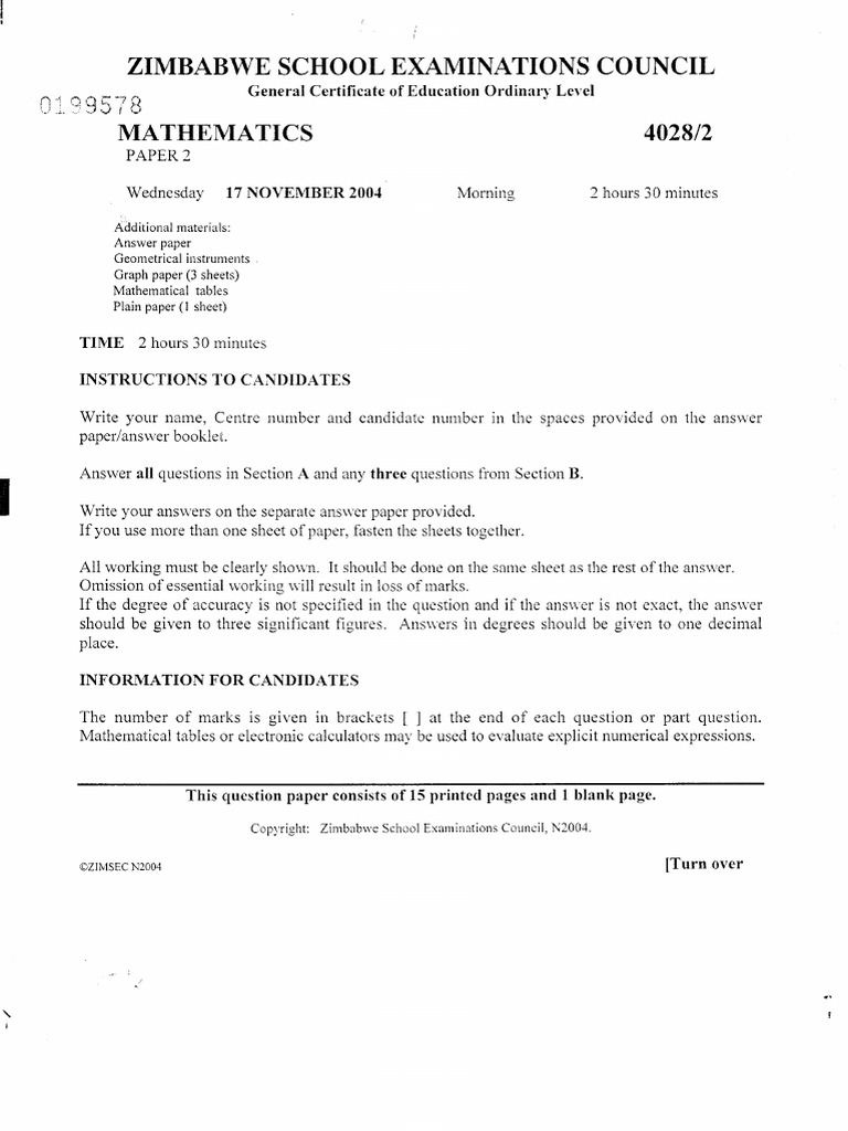 Zimsec November 2004 Maths Paper 2 | PDF