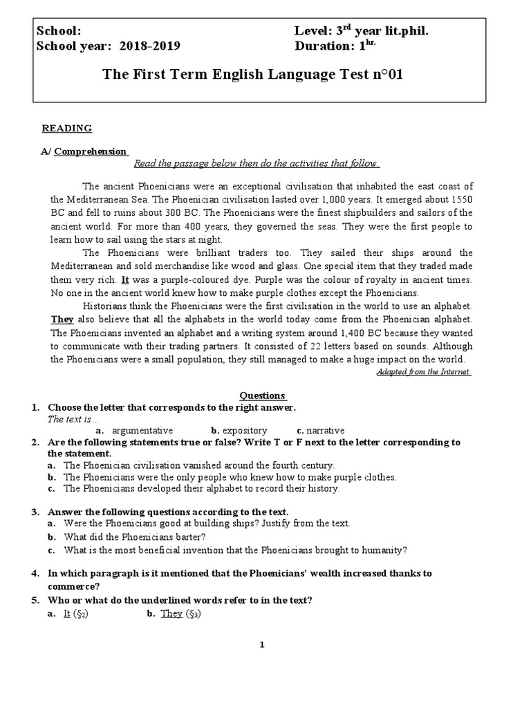 1st Term 3rd Year Test n01 | PDF | Phoenicia | Alphabet
