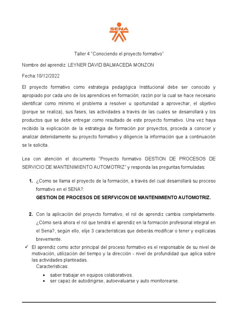 Proyecto Formativo: Mantenimiento Automotriz | PDF | Aprendizaje ...