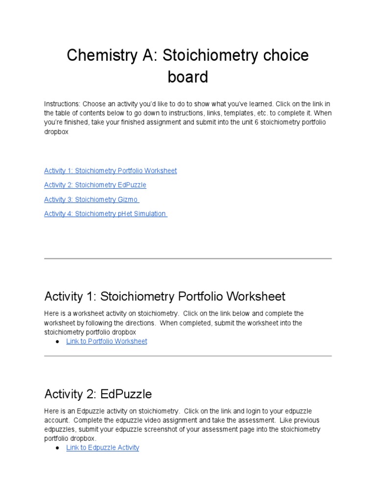 Chemistry A Stoichiometry Choice Board | PDF