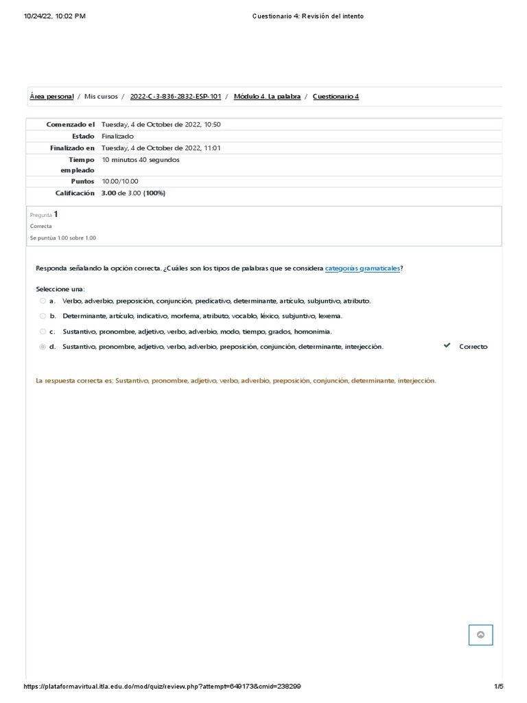 Cuestionario 4 - Revisión Del Intento | PDF | Adverbio | Oración (Lingüística)