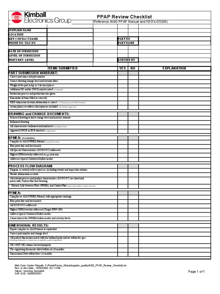 PPAP Review Checklist | Specification (Technical Standard ...