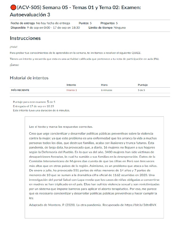 ? (ACV-S05) Semana 05 - Temas 01 y Tema 02 Examen Autoevaluación 3 Comprension Y Redaccion DE ...