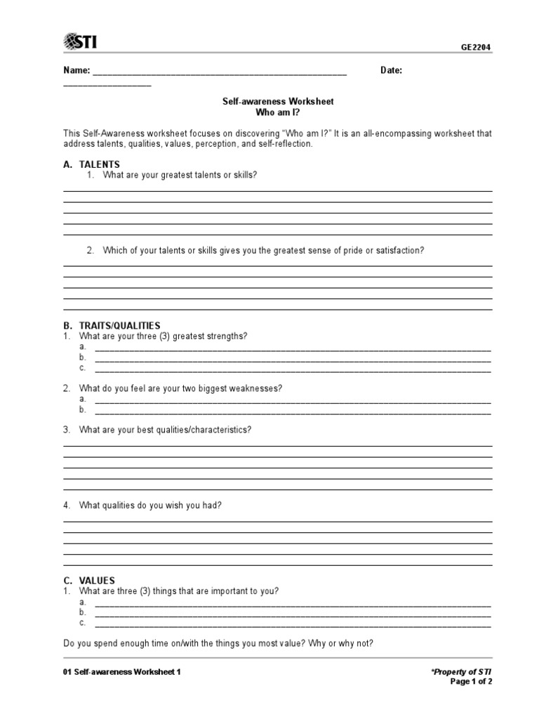 01 Self-Awareness Worksheet 1 | PDF | Self Awareness | Psychology