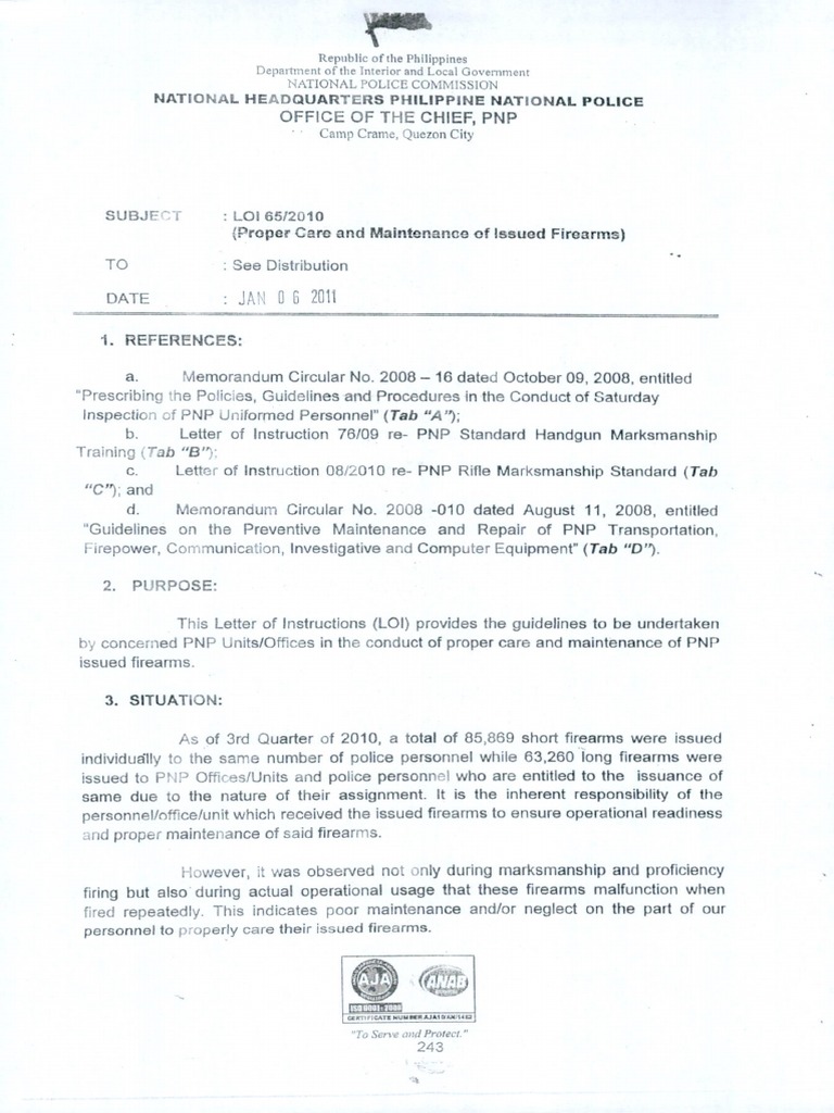 LOI 65 2010 Proper Care and Maint of Issued Firearms | PDF