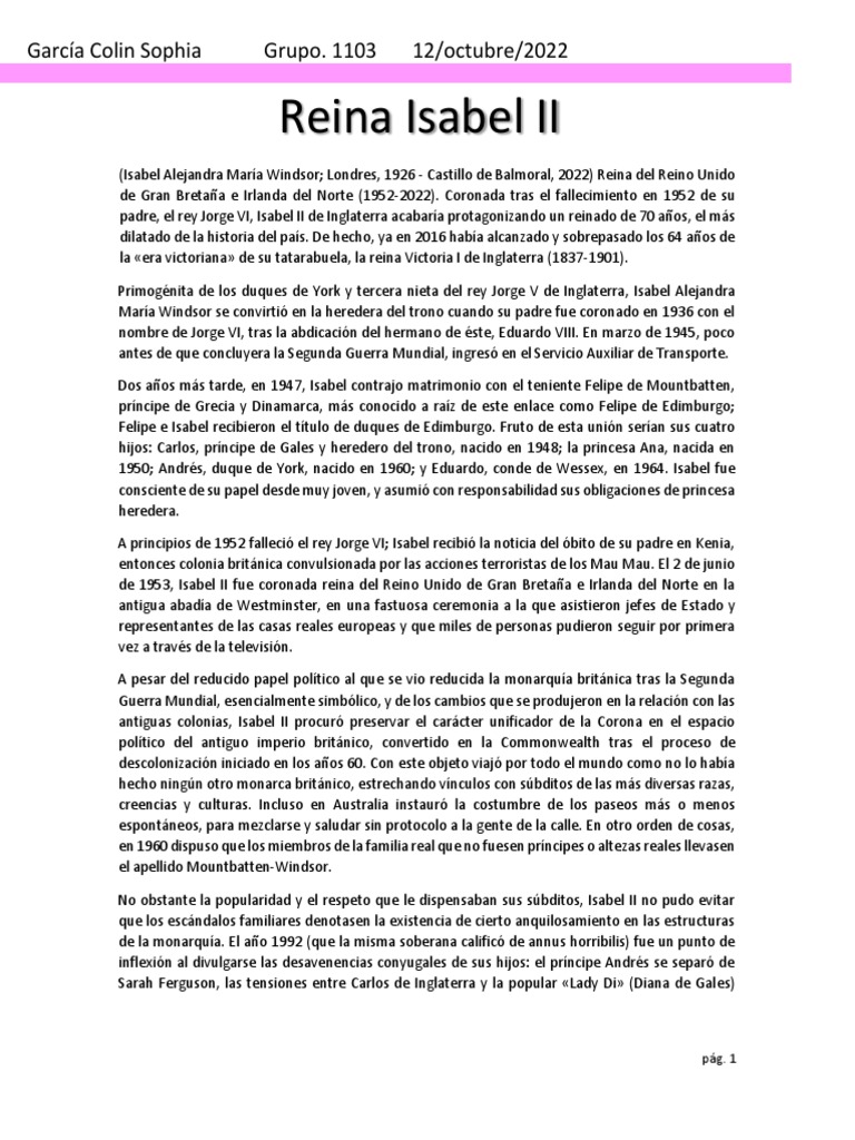 Biografia de La Reina Isabel II | PDF | Elizabeth Ii | Monarquía del reino unido