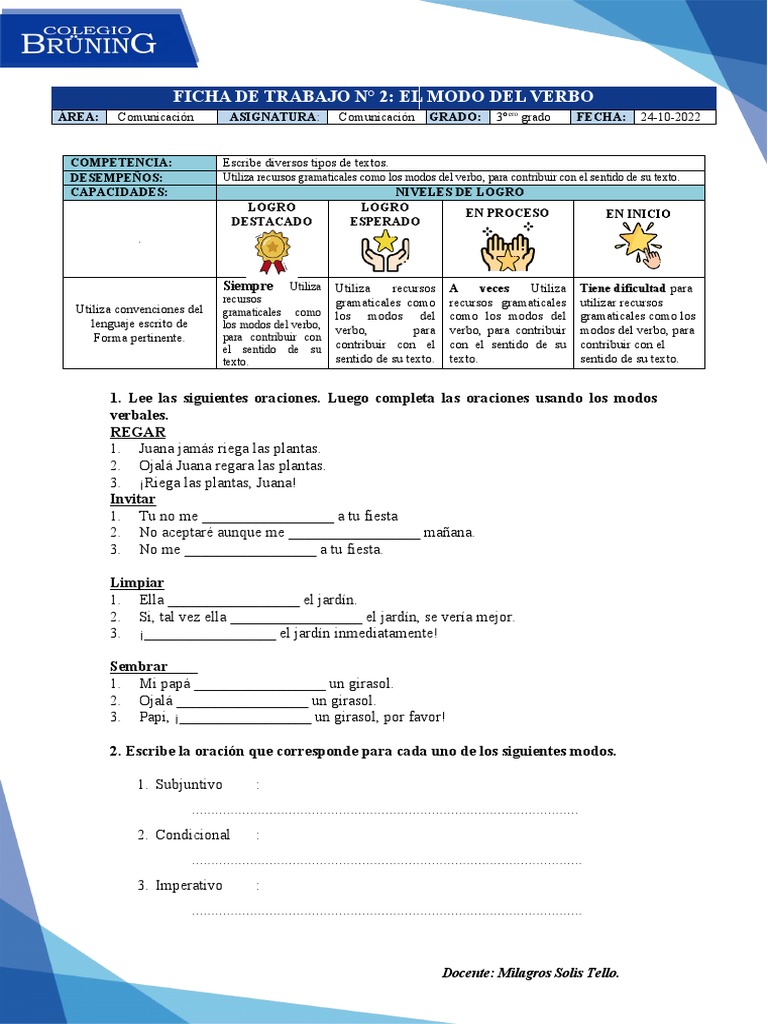 Comunicación-Ficha de Trabajo - Los Modos Del Verbo | PDF | Verbo ...